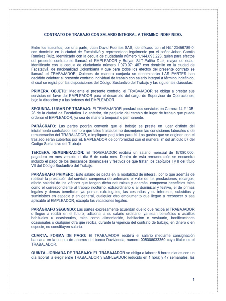 Contrato Laboral Integral Indefinido | PDF | Salario | Derecho laboral