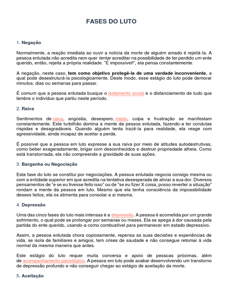 FASES DO LUTO | PDF | Pensamento | Depressão