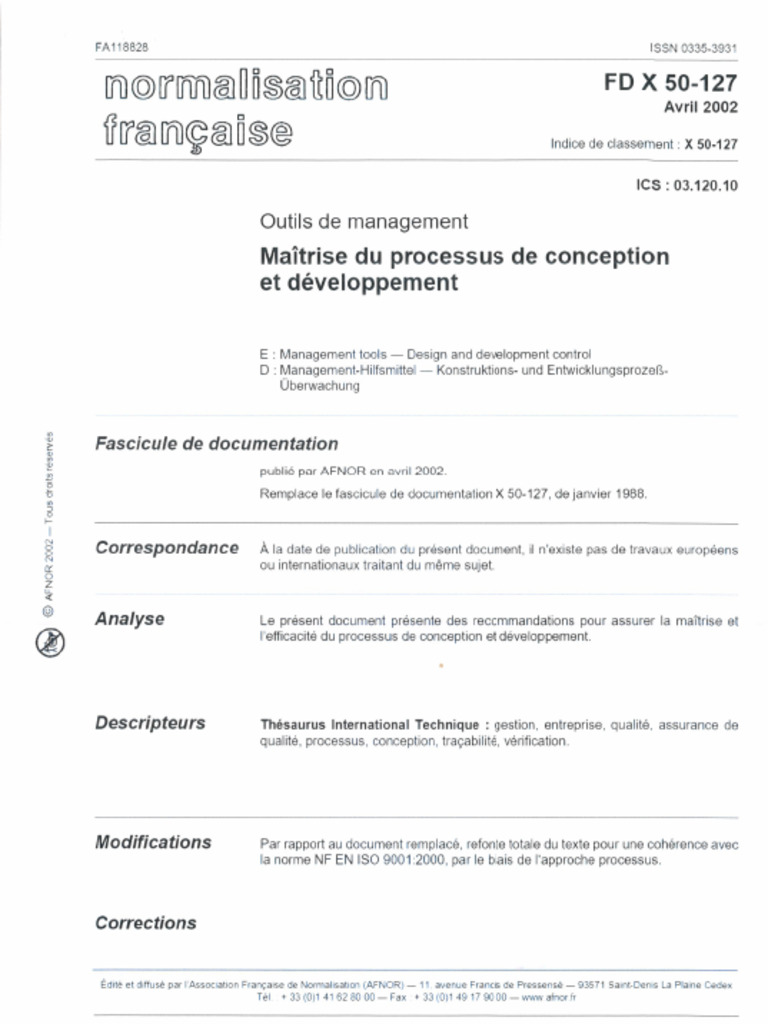 FD X50-127 Outils de Management - Maitrise Du Processus de Conception Et Développement | PDF
