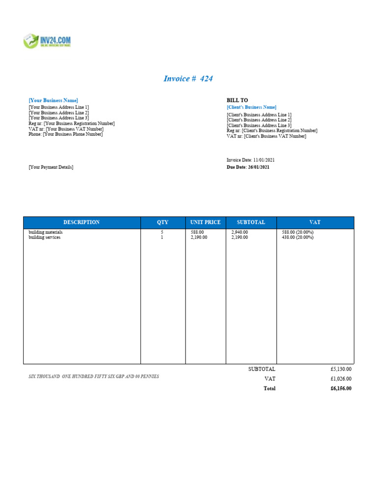 Builder Invoice Template UK | PDF | Finance & Money Management