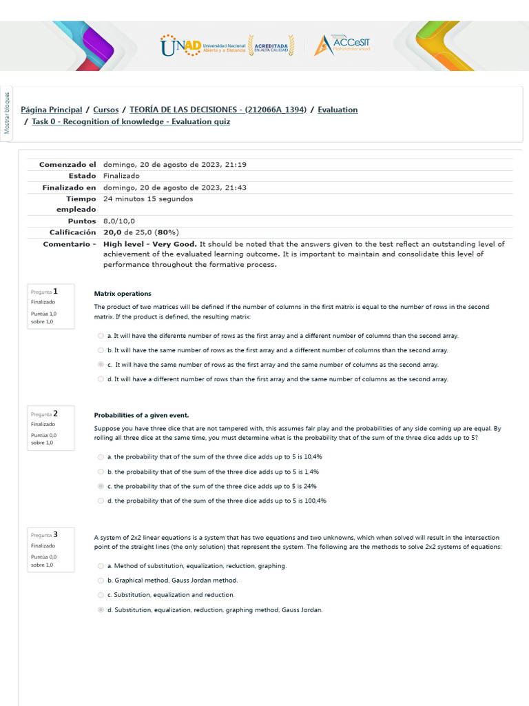 TEORÍA DE LAS DECISIONES - Evaluation Quiz - Revisión Del Intento | PDF