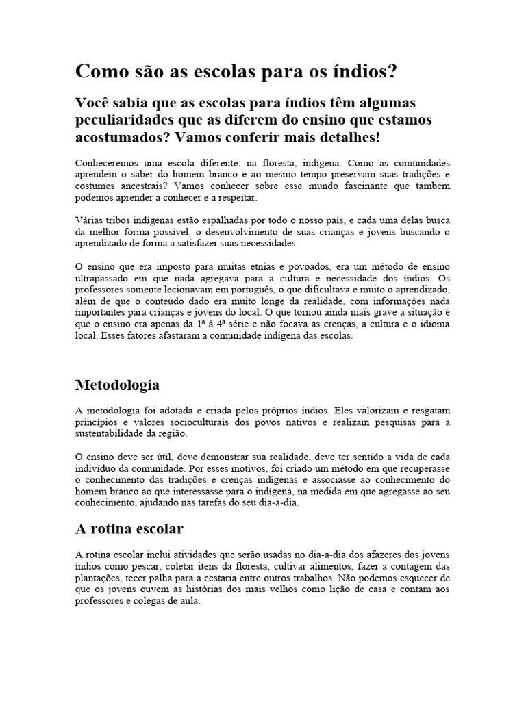 Como São As Escolas Para Os Índios Pdf Povos Indígenas Aprendizado