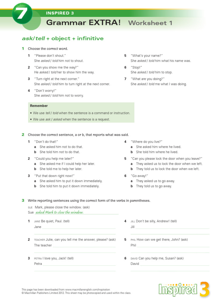Grammar-EXTRA Inspired 3 Unit 7 Ask Tell Object Infinitive | PDF