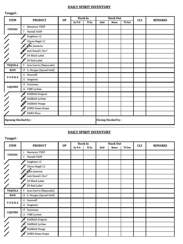 Form Daily Spirit Inventory | PDF | Distillation | Alcoholic Drinks