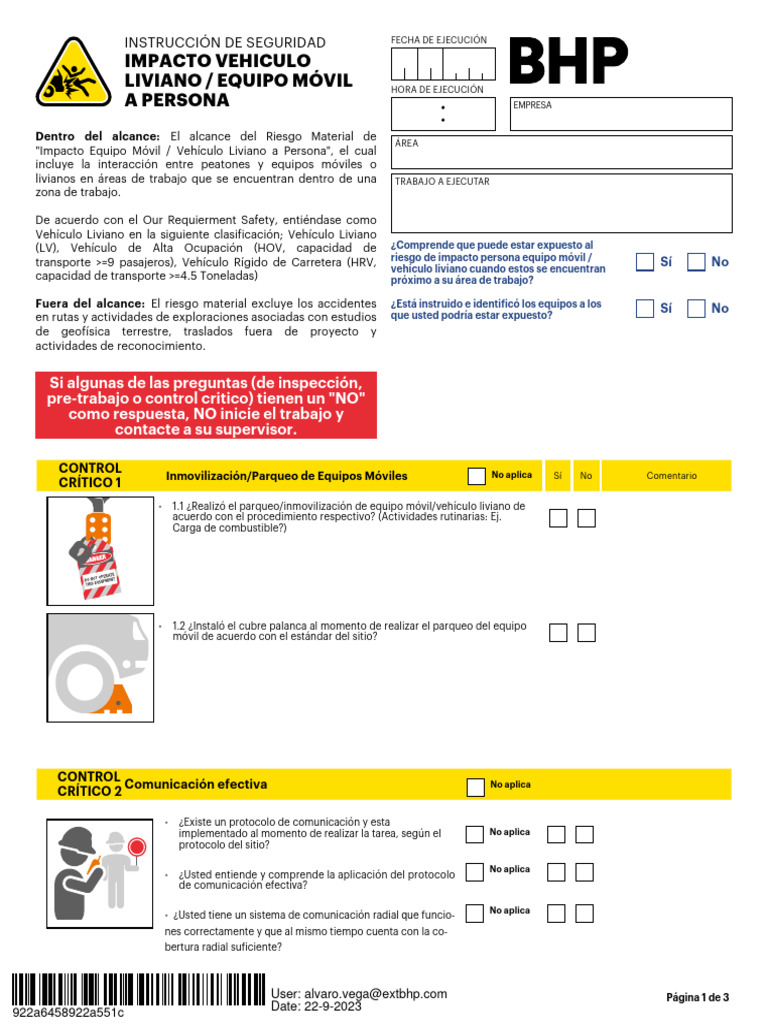 MAM-HSE-INS 274 BHP Impacto A Persona Equipo Movil Vehiculo Liviano ...