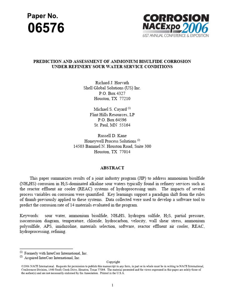 06576 PREDICTION AND ASSESSMENT OF AMMONIUM BISULFIDE CORROSION UNDER ...