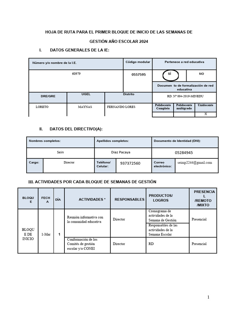 Hoja de Ruta para El Primer Bloque de Inicio de Las Semanas de Gestión Año Escolar 2024 | PDF