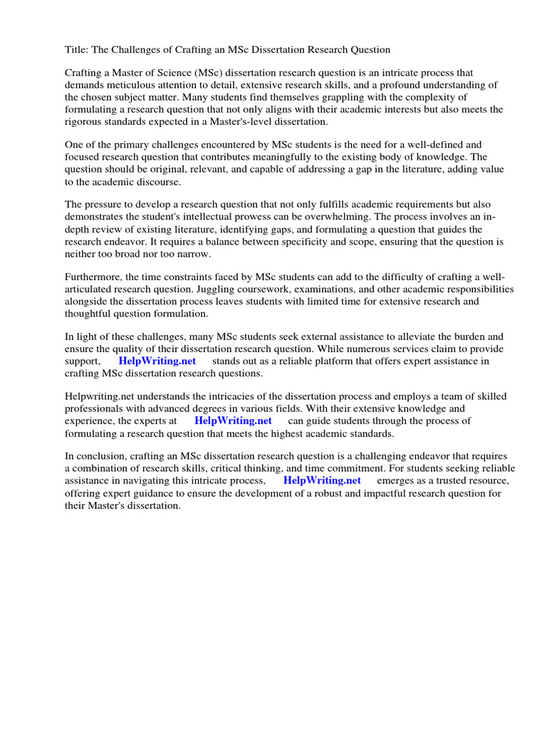 MSC Dissertation Research Question | PDF | Thesis | Leadership