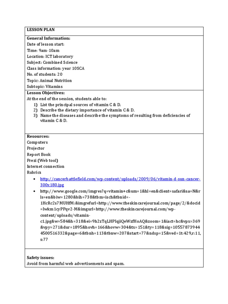 Lesson Plan 5 (Vitamins) | PDF | Educational Assessment | Lesson Plan