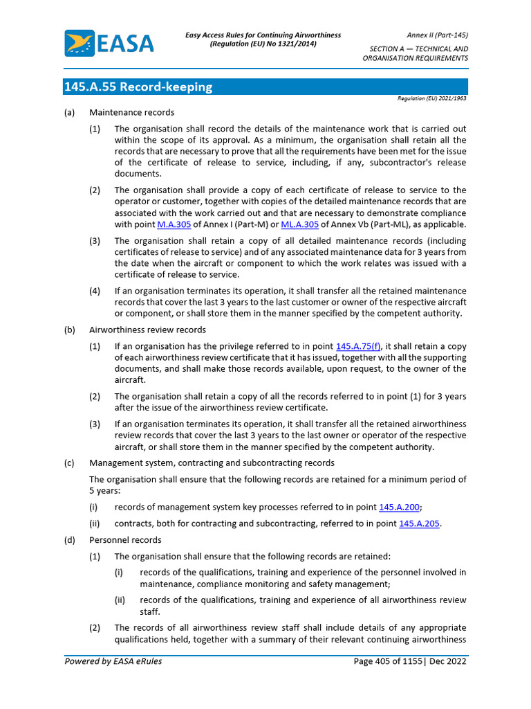 Part A145.A55 Maintenance Records Keeping | PDF | Computing