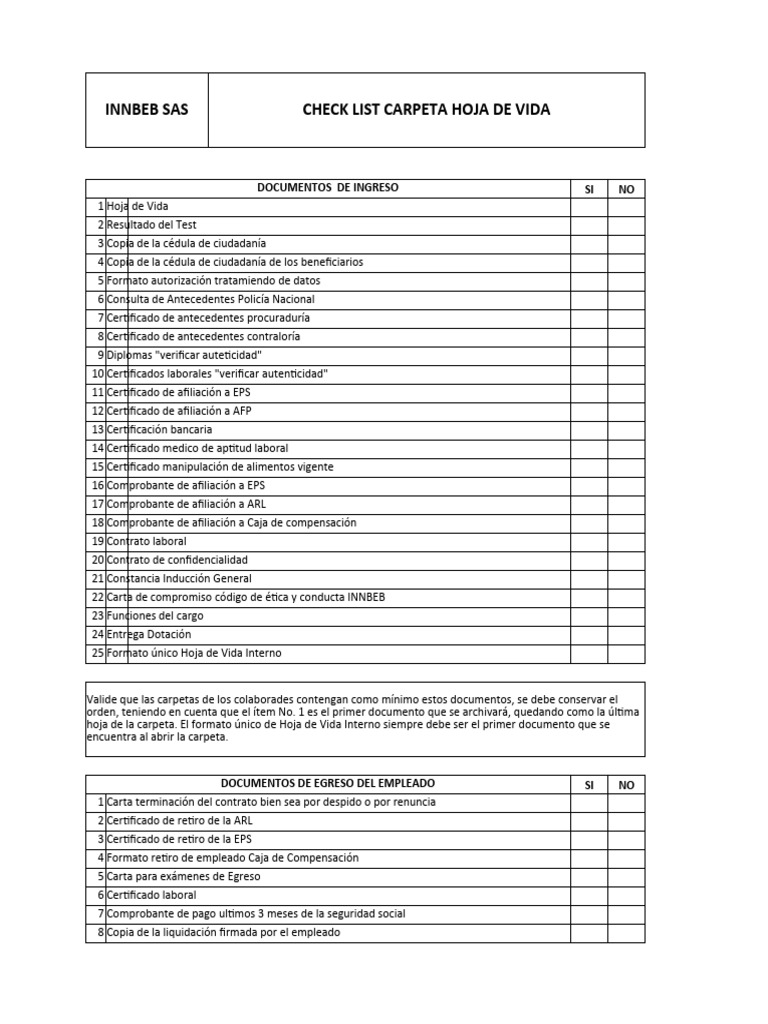 7 Check List Documentos Carpeta Hoja de Vida Empleados | PDF