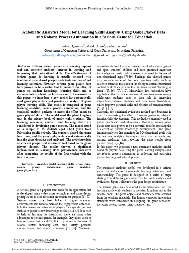 Automatic Analytics Model For Learning Skills Analysis Using Game Player Data and Robotic ...