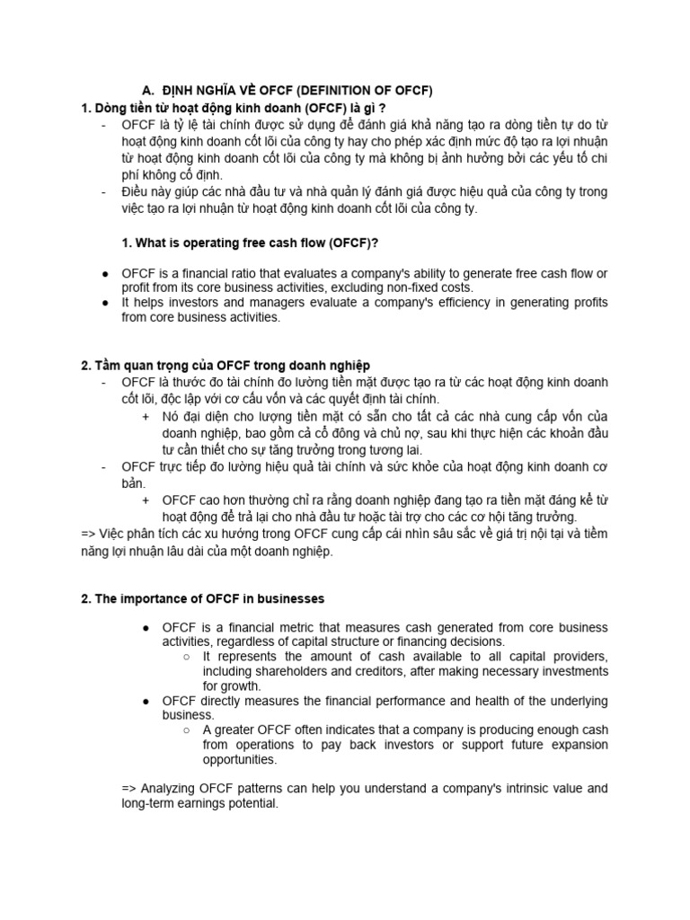 A. Định Nghĩa Về Ofcf (Definition Of Ofcf) 1. Dòng tiền từ hoạt động ...
