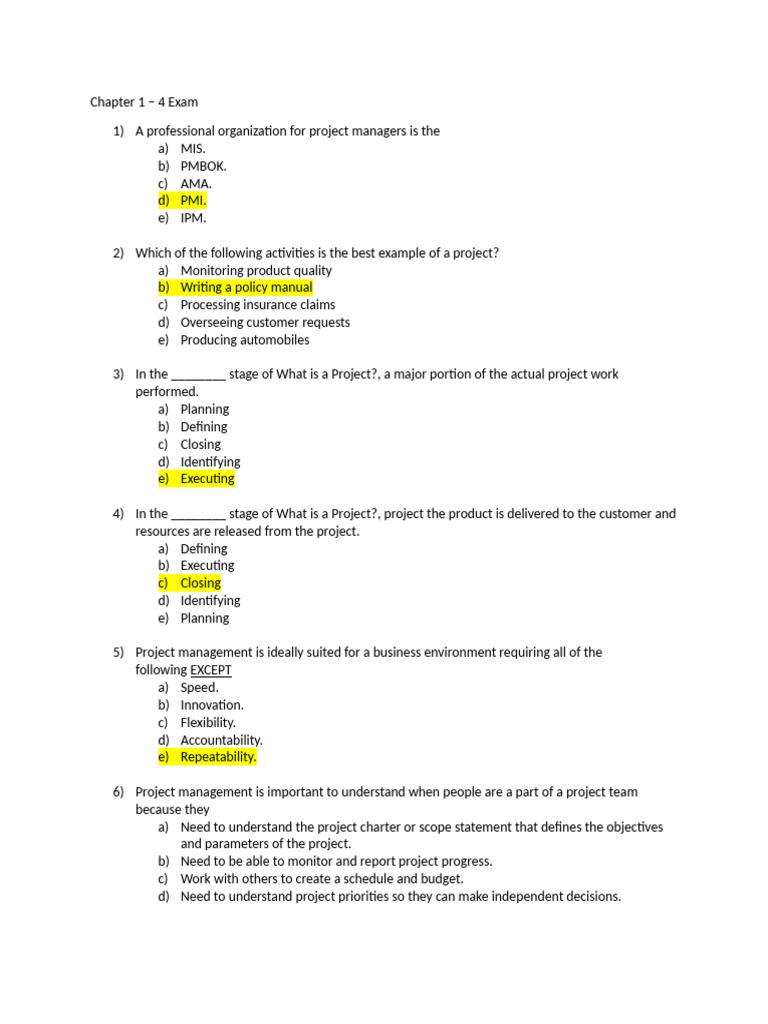 Chapter 1 4 Exam | PDF | Project Management | Business