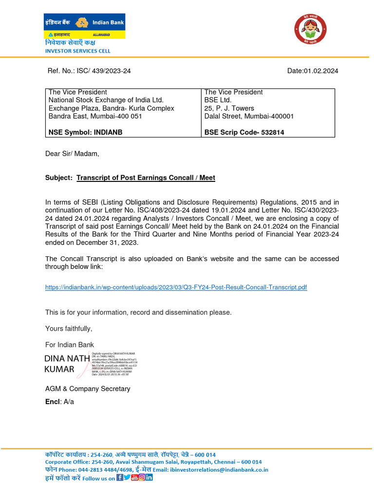 Dina Nath Kumar: Nse Symbol: Indianb BSE Scrip Code-532814 | PDF | Financial Services | Money