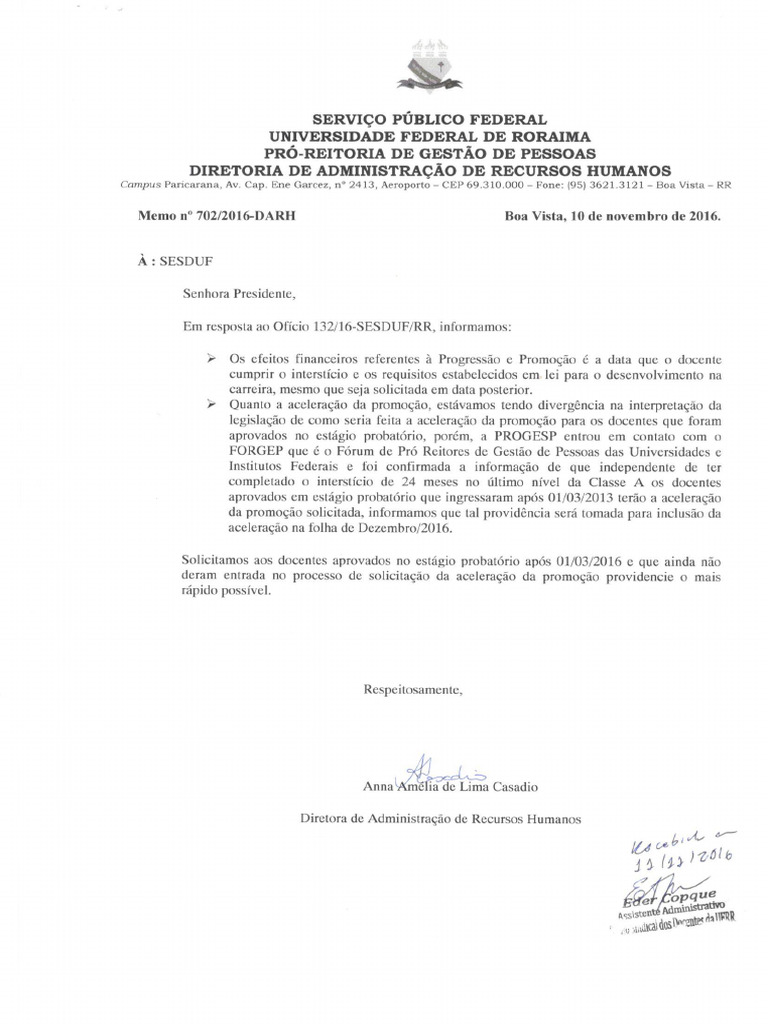 Memo 702-2016 - DARH - Carreira Docente | PDF