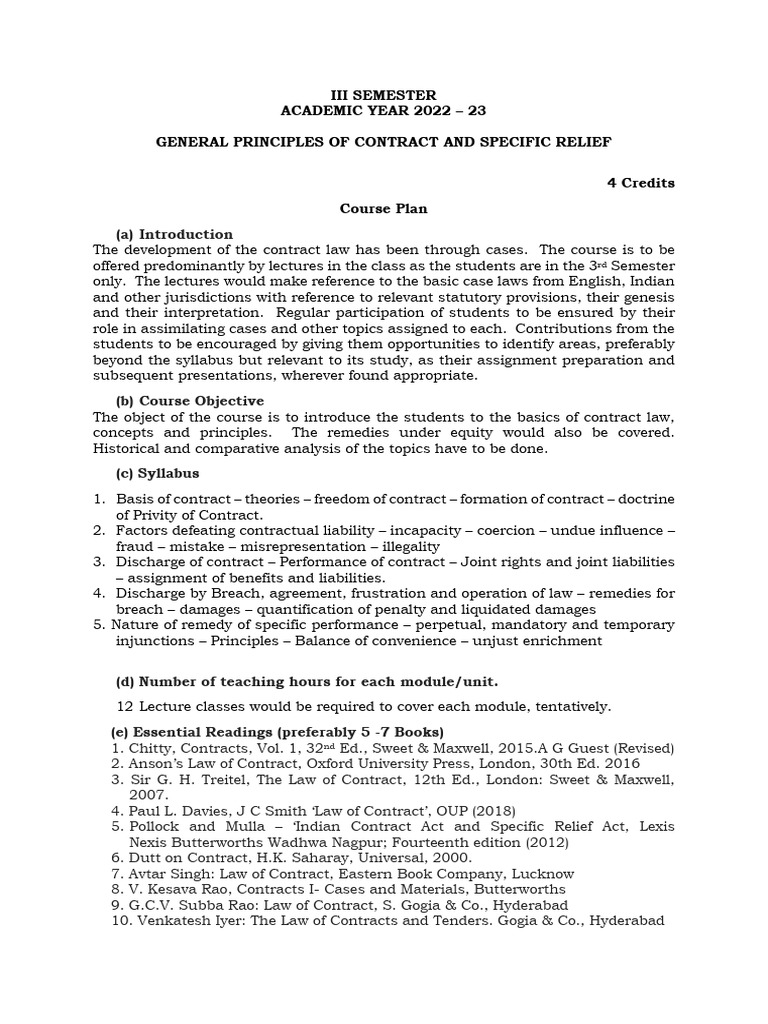 Contract Law Course Syllabus 2022-23 | PDF | Legal Remedy | Equity (Law)