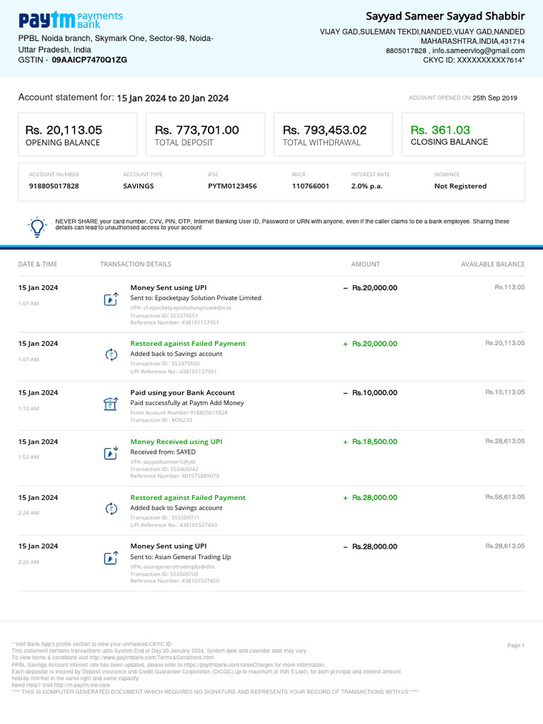 Account Statement 150124 200124 | Download Free PDF | Cash | Automated Teller Machine