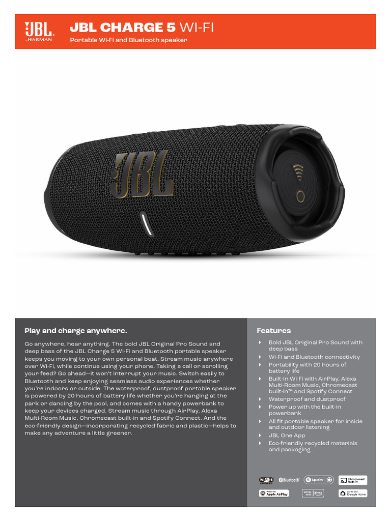 JBL Charge 5 Wi-Fi - Specsheet - EN - Global | PDF | Loudspeaker | Wi Fi
