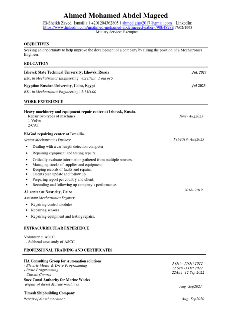 Mechatronics Engineer Resume Overview | PDF | Mechatronics | Engineering
