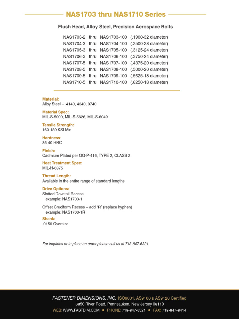 NAS1703-1710 Aerospace Bolt Specs | PDF