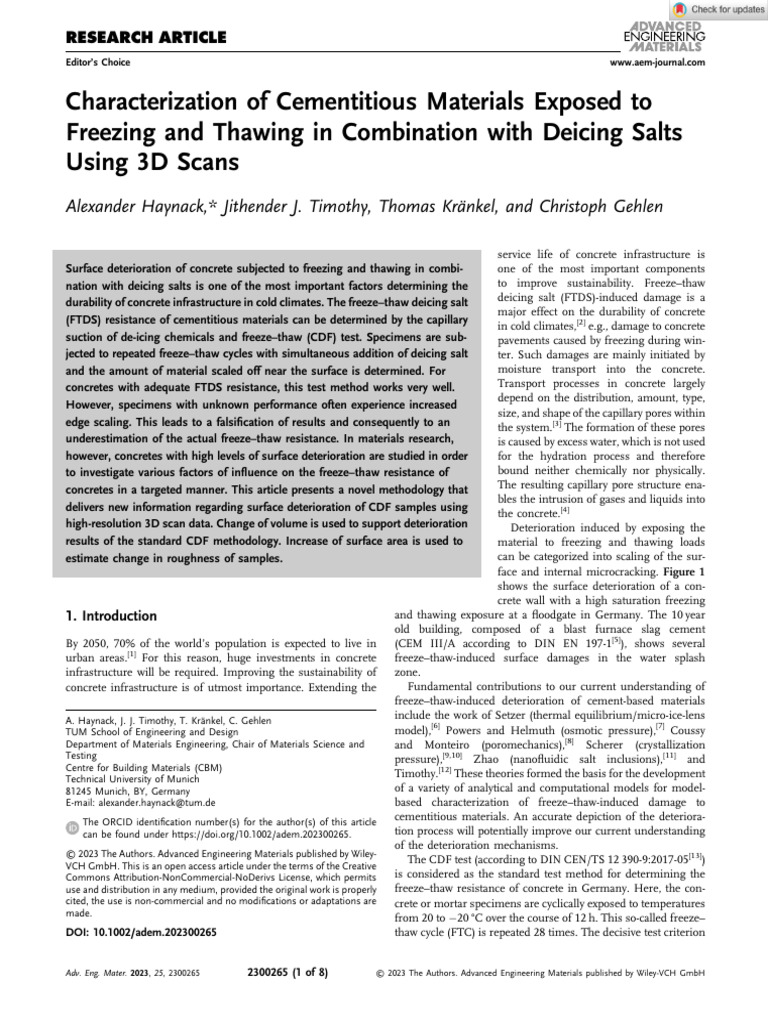 Characterization of Cementitious Materials Exposed To Freezing and Thawing in Combination With ...