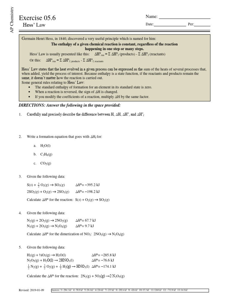Exercise 6.3a - Hesss Law | PDF | Scientific Phenomena | Thermodynamics