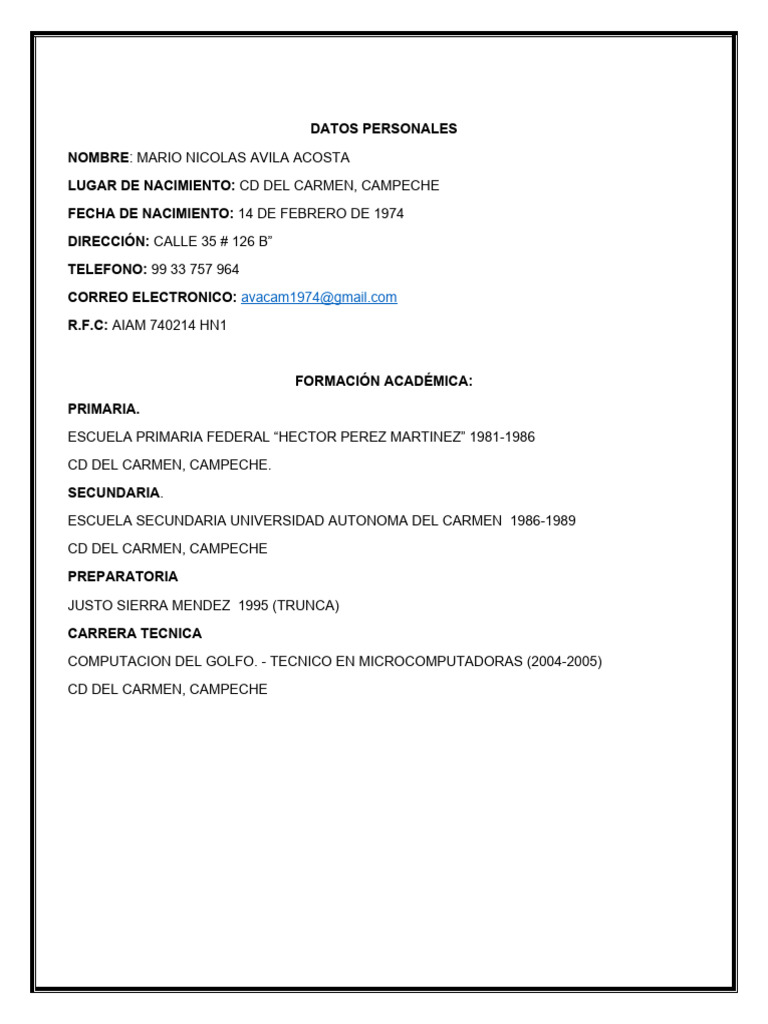 CV de Mario Nicolas Avila Acosta | PDF