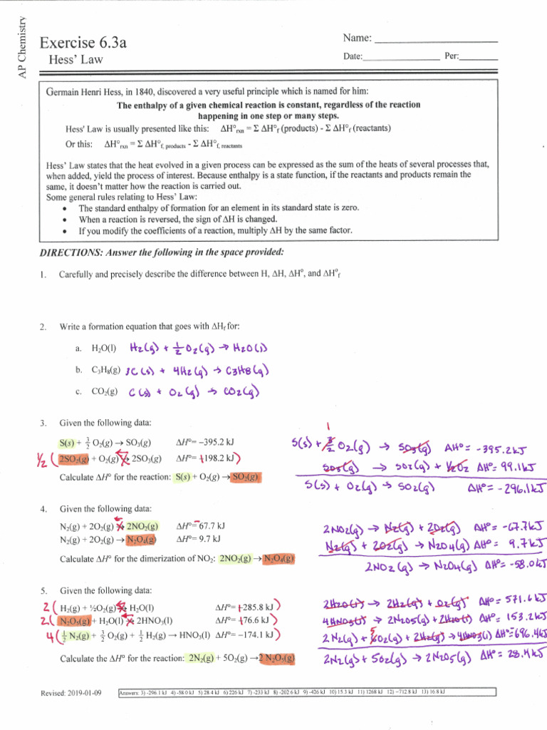 Exercise 6.3a - Hesss Law - Answers | PDF