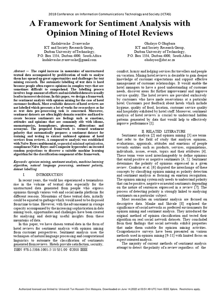 Hotel Review Sentiment Framework | PDF | Machine Learning | Cognitive Science