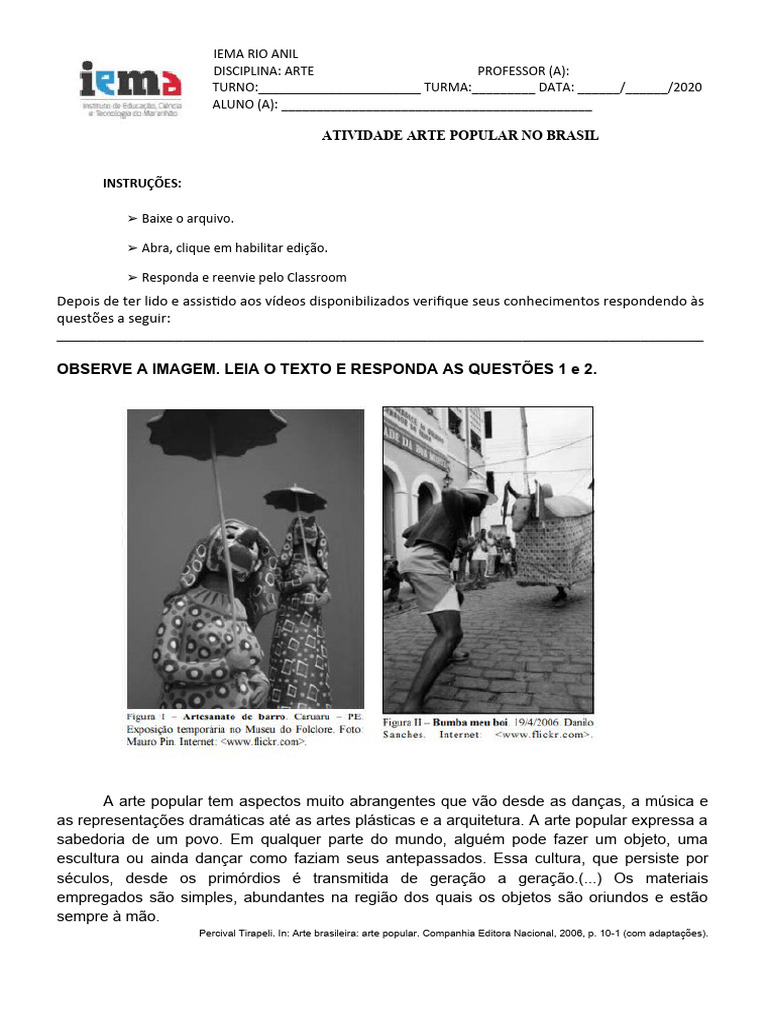 Atividade Arte Popular No Brasil | PDF | Cultura popular | Educação em ...
