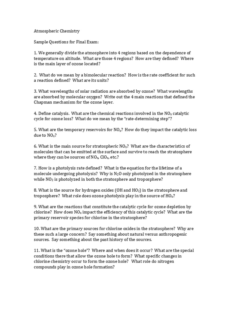 Atmospheric Chemistry Sample Test Questions | PDF | Stratosphere | Ozone