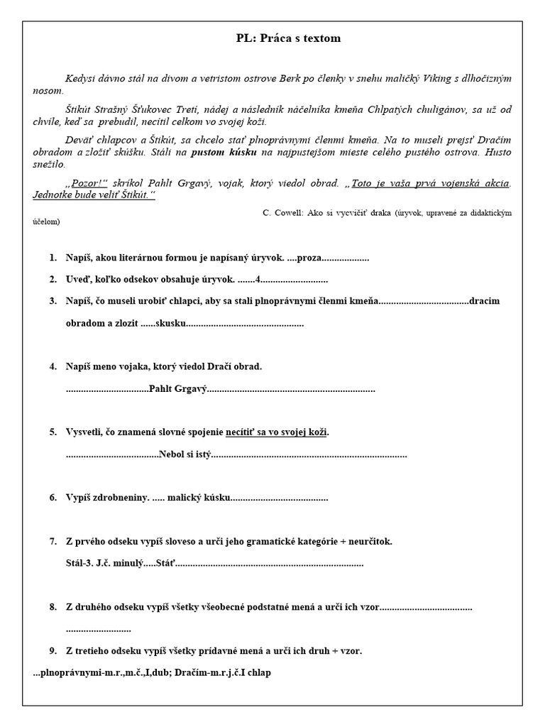 Ako Si Vycvičiť Draka - Práca S Textom | PDF