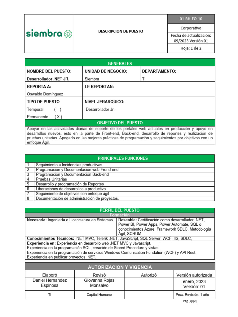 Perfil de Puestos Desarrollador .NET JR - UCM | PDF | .NET Framework ...