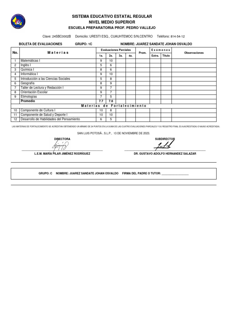 Boleta de Evaluaciones Preparatoria Vallejo | PDF