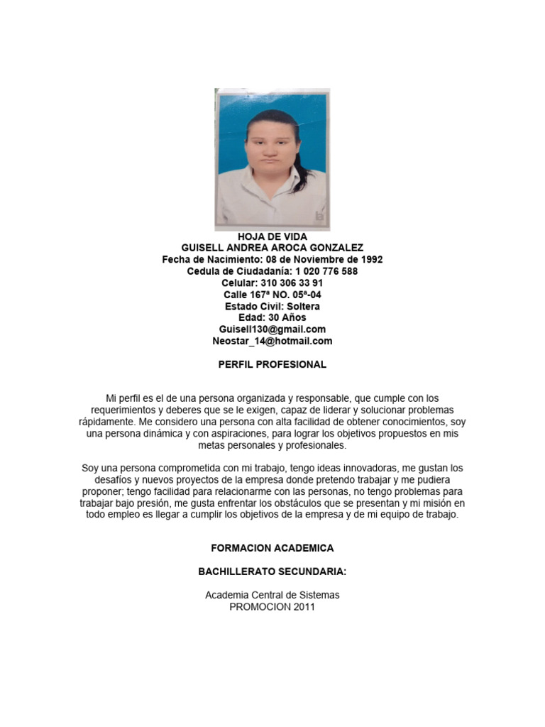 Hoja de Vida Guisell Aroca: Perfil y Experiencia | PDF | Crecimiento ...
