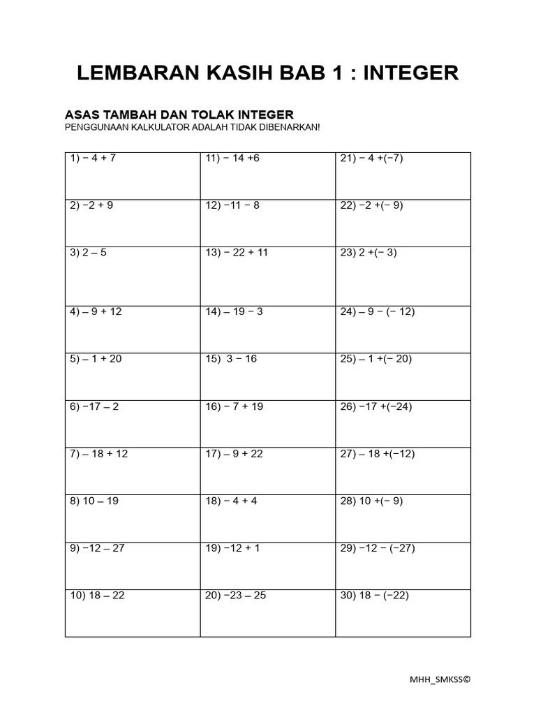 Latihan Asas Penambahan Dan Penolakan Integer | PDF