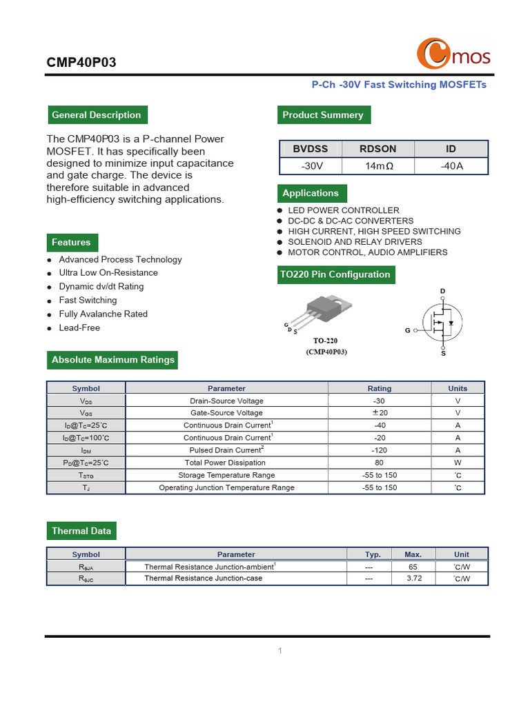 CMP40P03 Cmos | PDF | Field Effect Transistor | Mosfet
