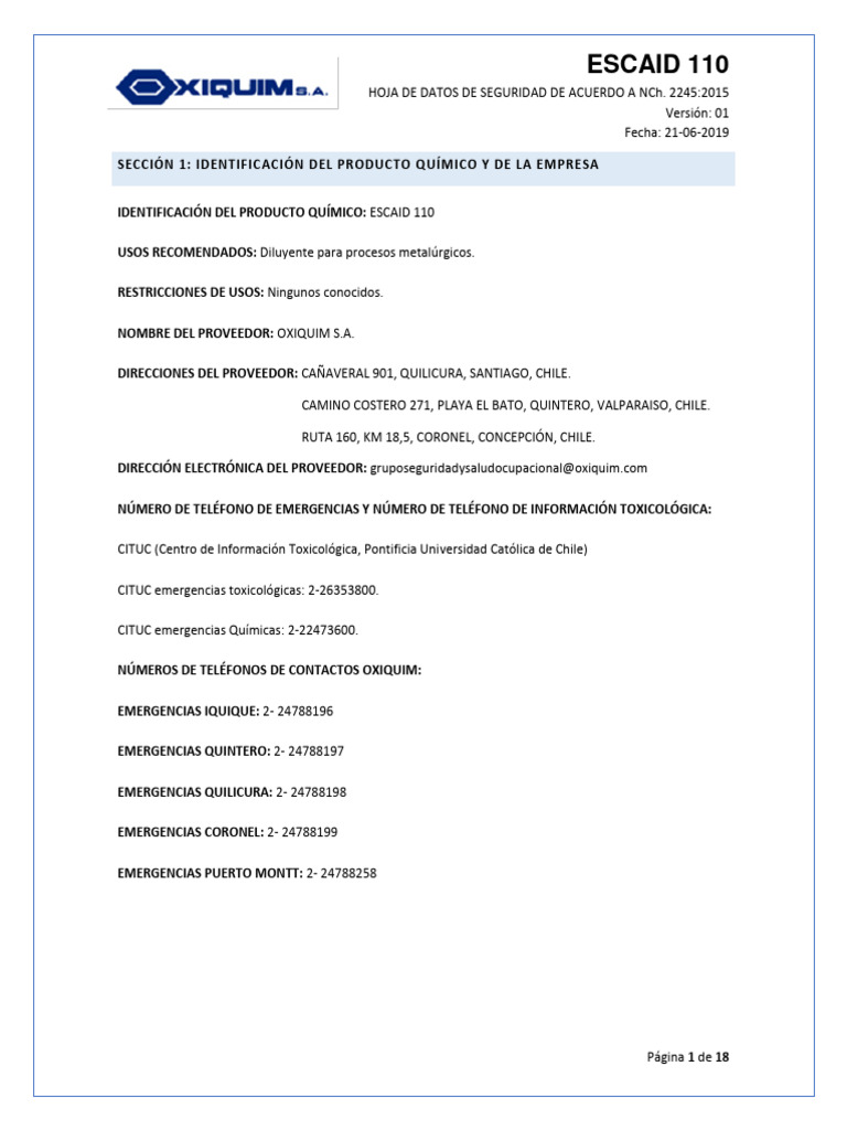 Hoja de Seguridad de Escaid 110 | PDF | Residuos | Agua