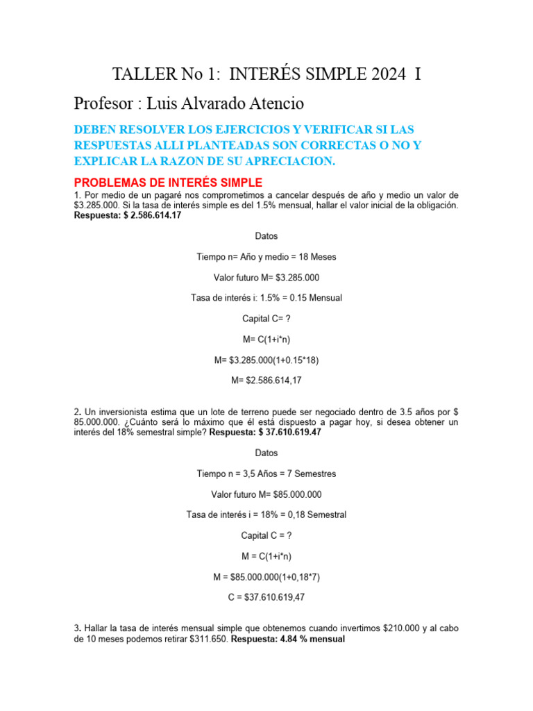 TALLER No 1 INTERES SIMPLE 2024 I | PDF | Tasas de interés | Interés