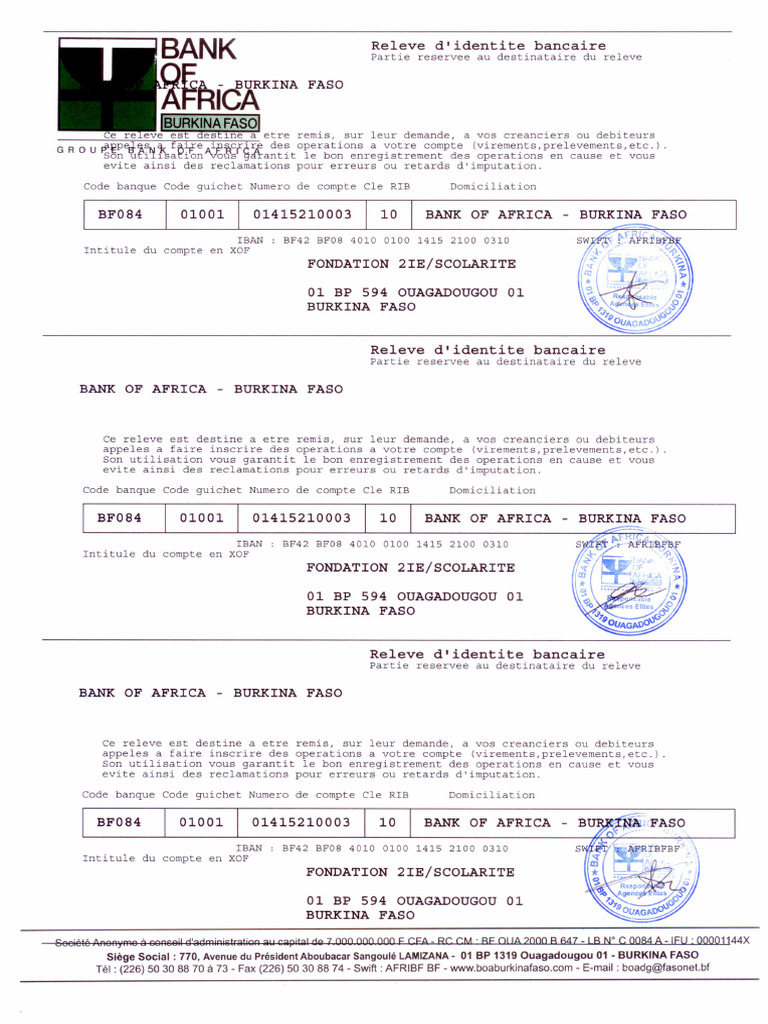 RIB BOA BF Formation Présentielle | PDF