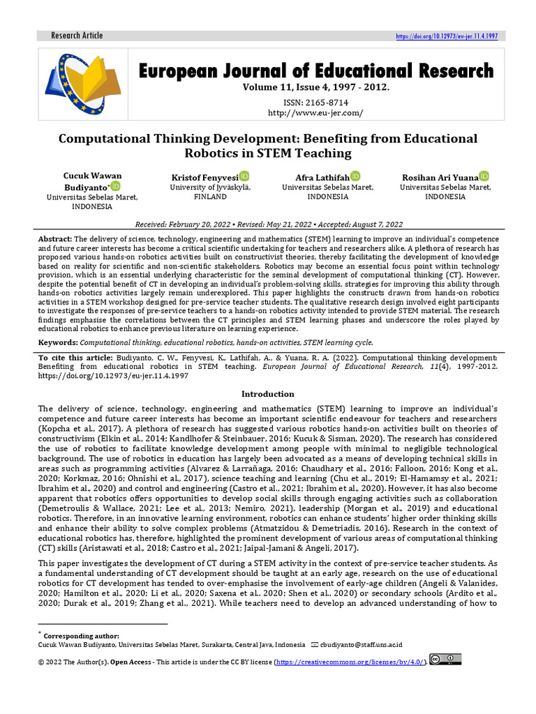 Computational Thinking Development Benefiting From Educational Robotics in STEM TeachingEuropean ...