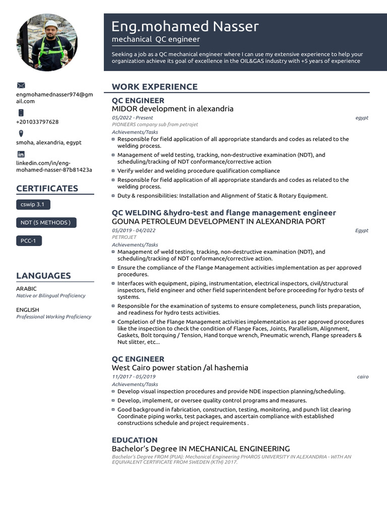Eng Nasser Resume | PDF | Nondestructive Testing | Welding