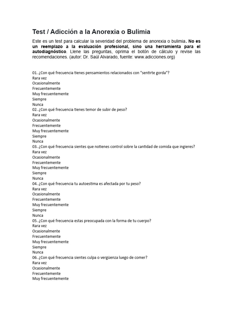 Test Anorexia y Bulimia | Descargar gratis PDF | Psicología anormal ...