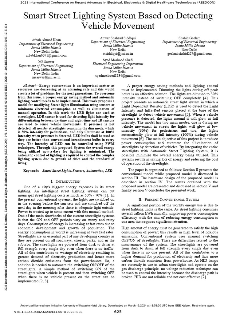 Smart Street Lighting System Based On Detecting Vehicle Movement | PDF | Street Light | Lighting