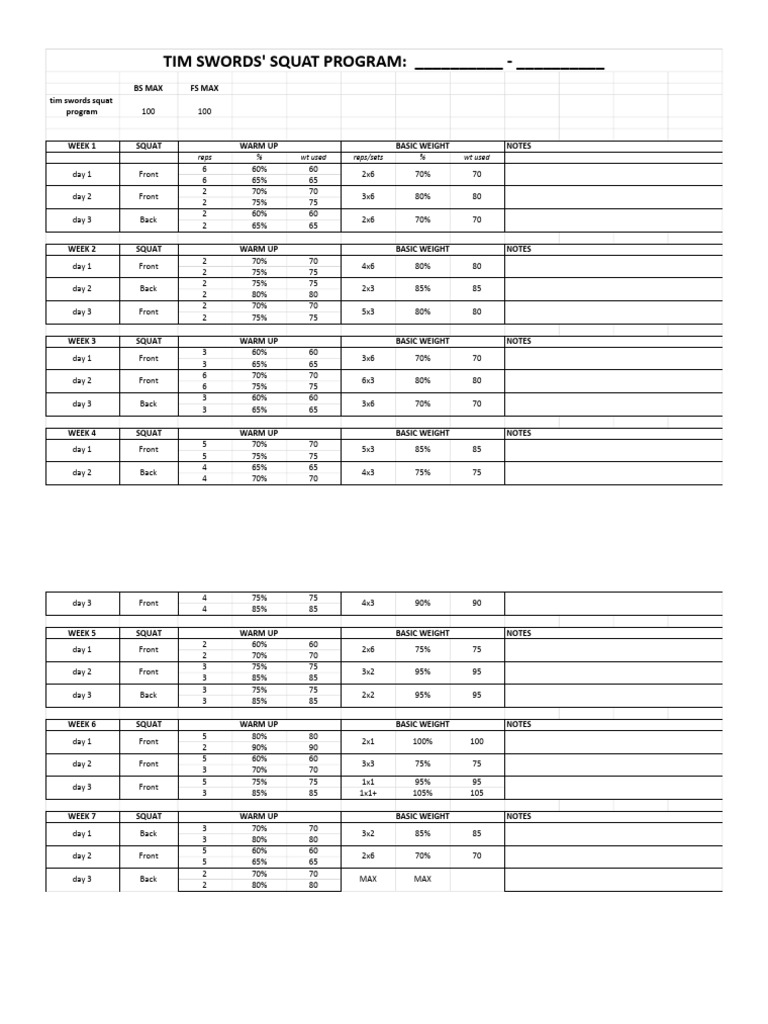 Tim Swords 7 Week Squat Program (Front Squat Focus) v2.1 - LiftVault - Com - Sheet1 | PDF ...