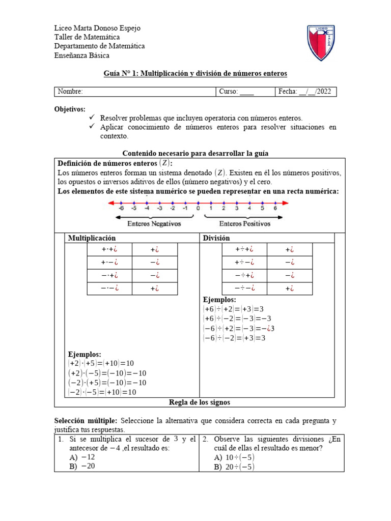 Guía 1 - Taller Enseñanza Básica - Multiplicación y División de Números Enteros | Descargar ...