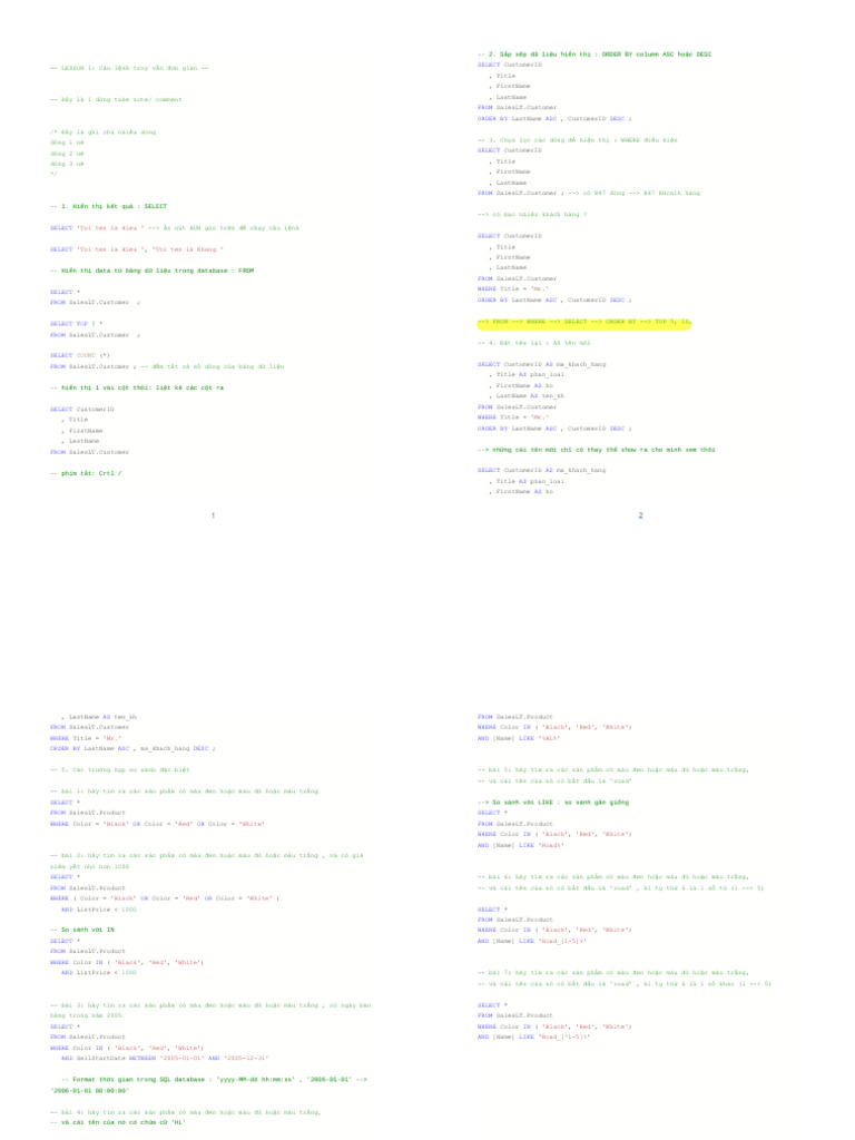 SQL Query Note Buổi 1 | PDF