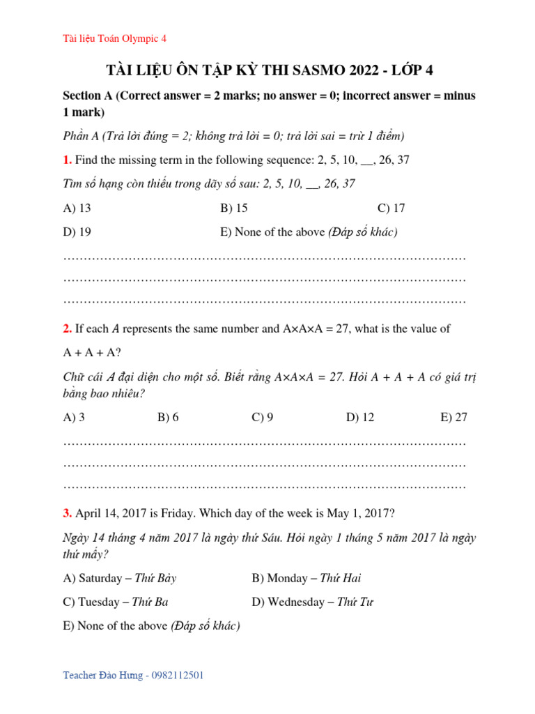 SASMO 2022 - L P 4 - Mocktest - PhieuBT | PDF