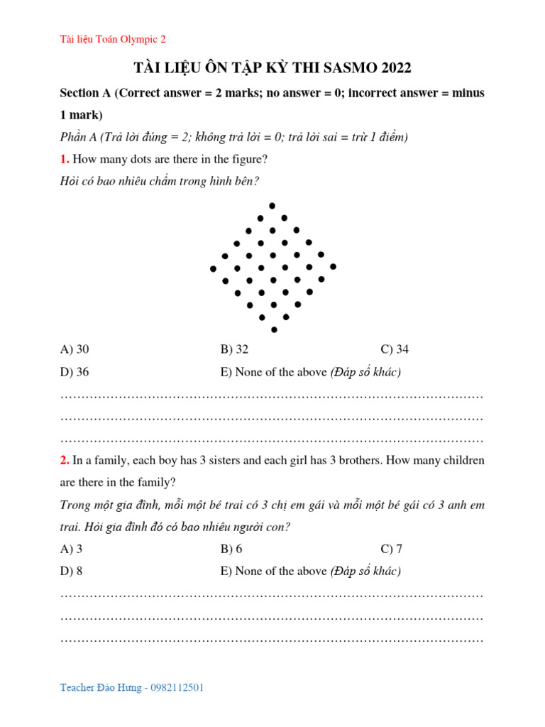 SASMO 2022 Primary 2 - MockTest - PhieuBT | PDF